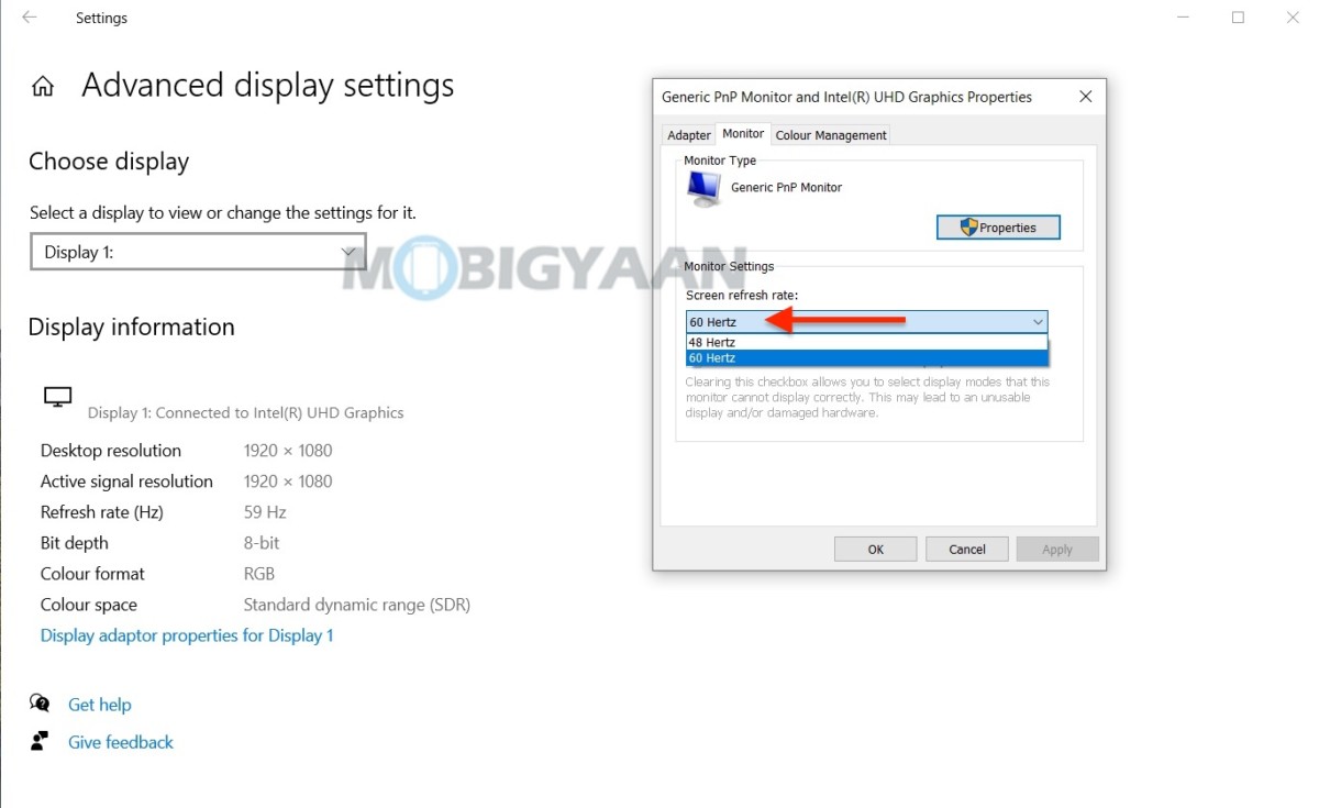 How to change the refresh rate of the display on Windows 10