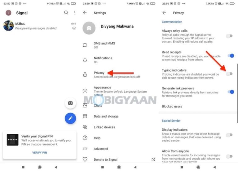 How to disable typing indicators in Signal for mobile