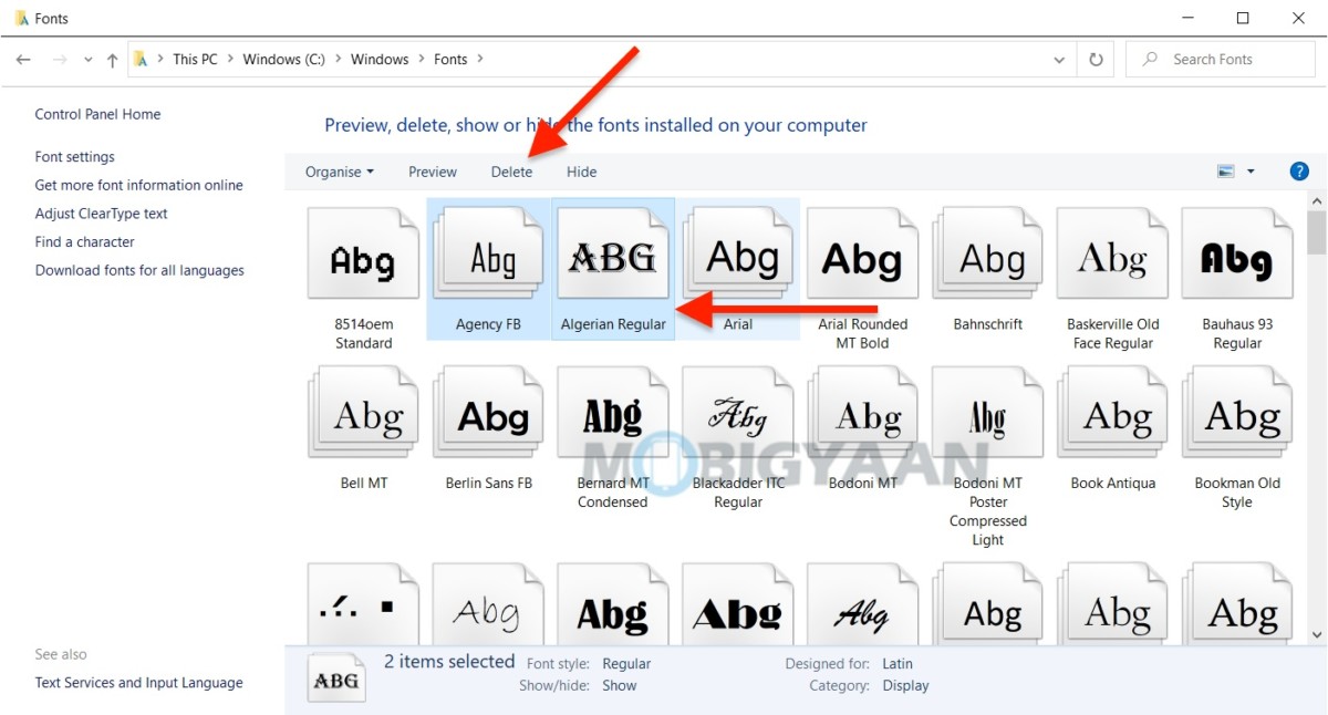 How to remove fonts on Windows 10