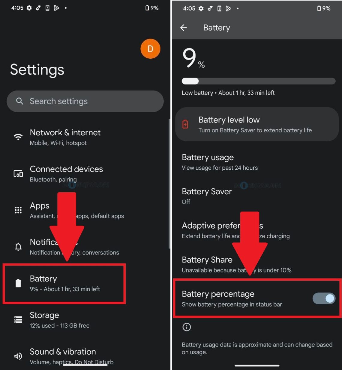 How to show battery percentage in Google Pixel 7 Pro (or Pixel 7)