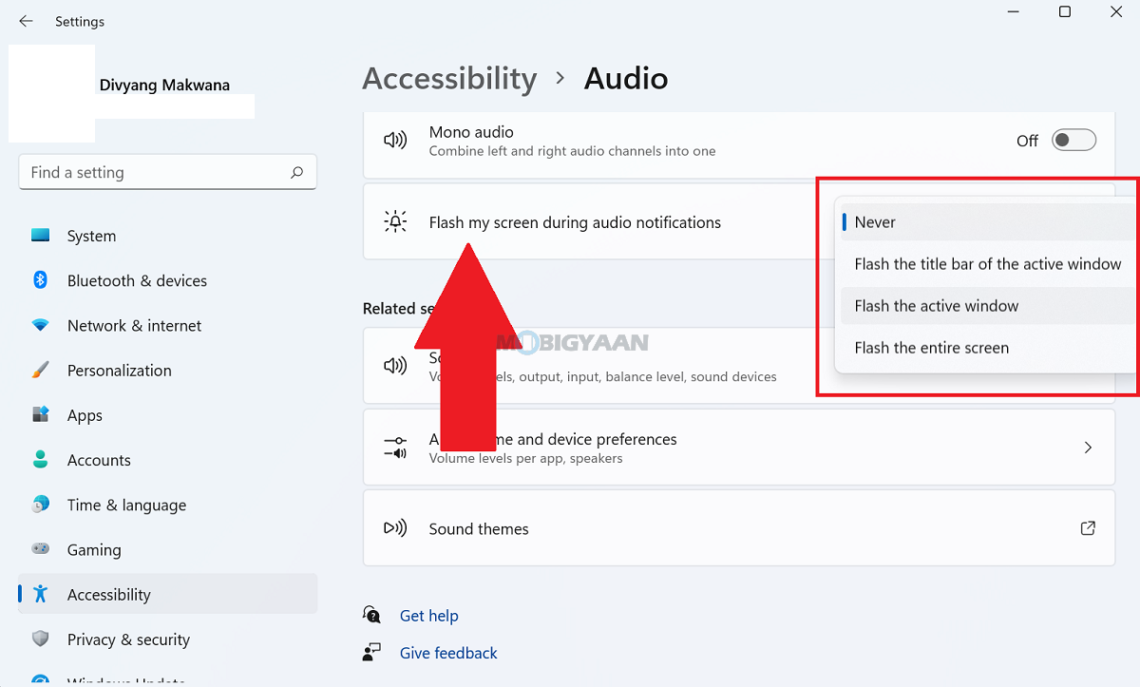 How to enable flash screen for notifications in Windows 11