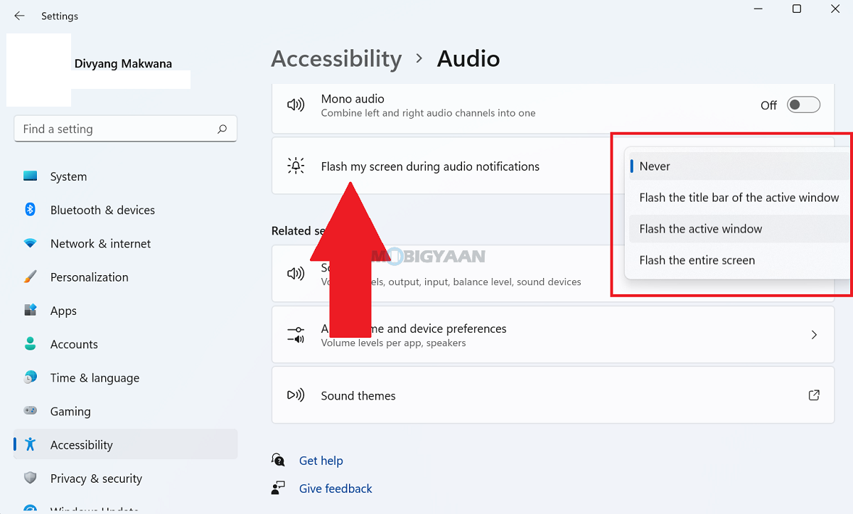 How to enable flash screen for notifications in Windows 11