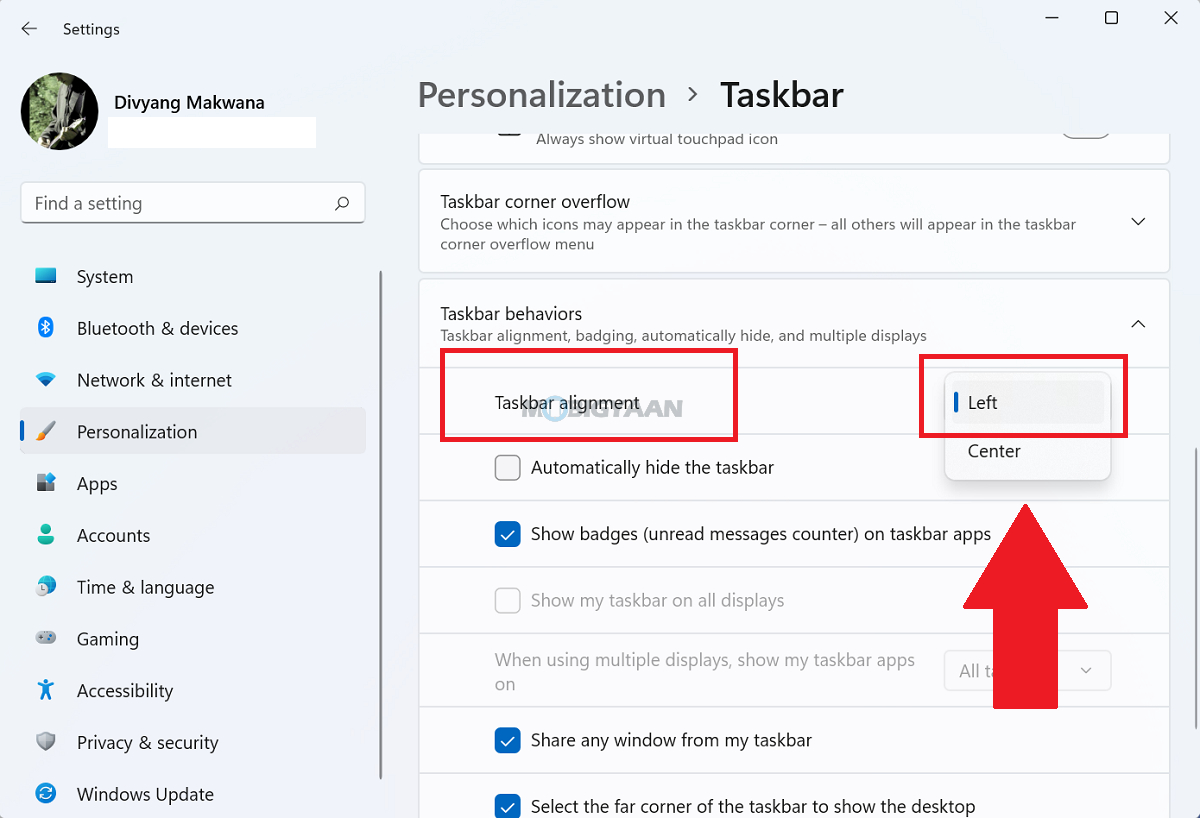 How to move icons on the left side in Taskbar [Windows 11]